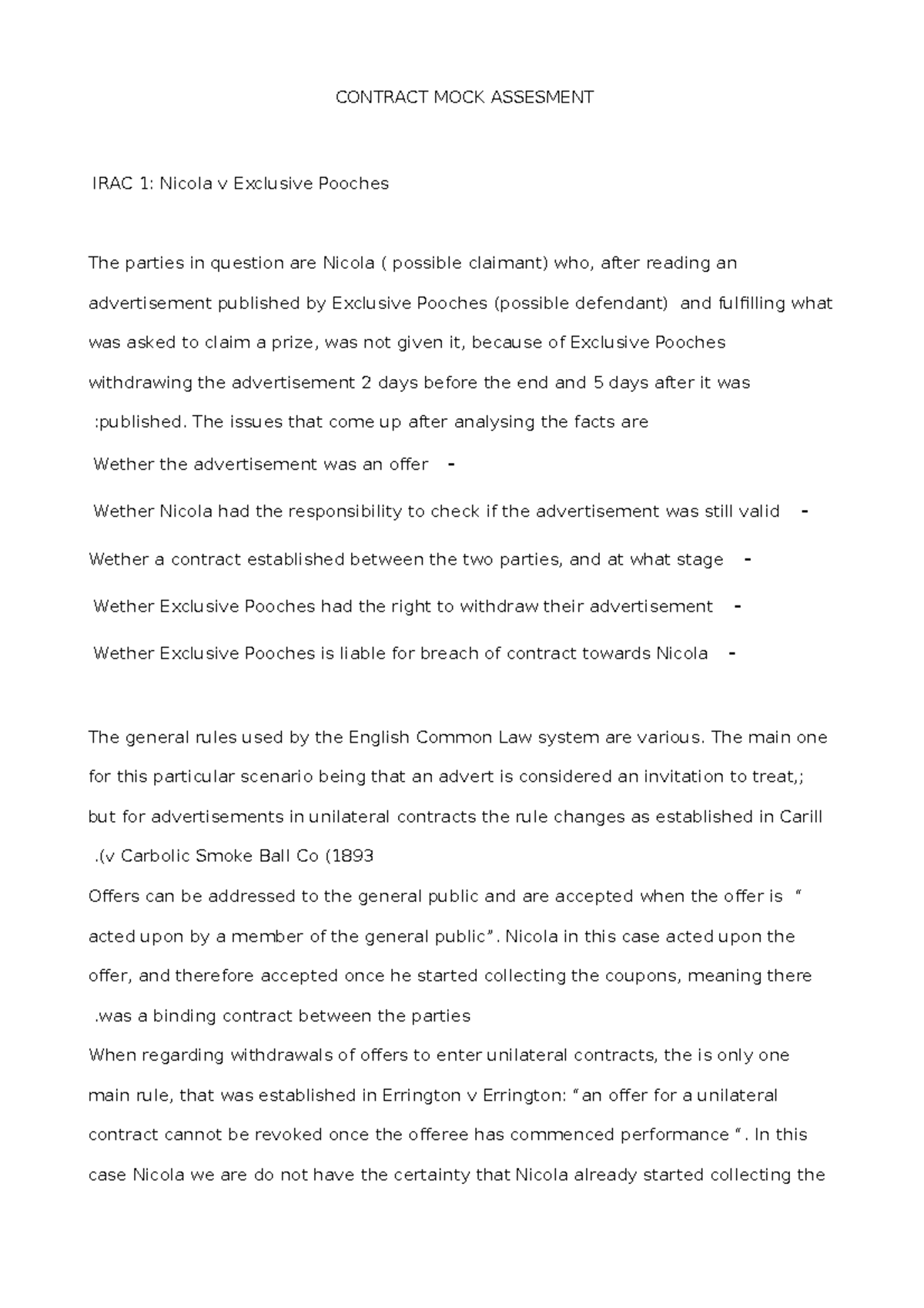 Contract Mock Exam 2022: IRAC Analysis of Nicola v Exclusive Pooches ...