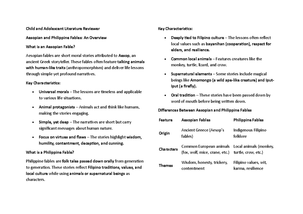 Child and Adolescent Literature Review: Aesopian & Philippine Fables ...