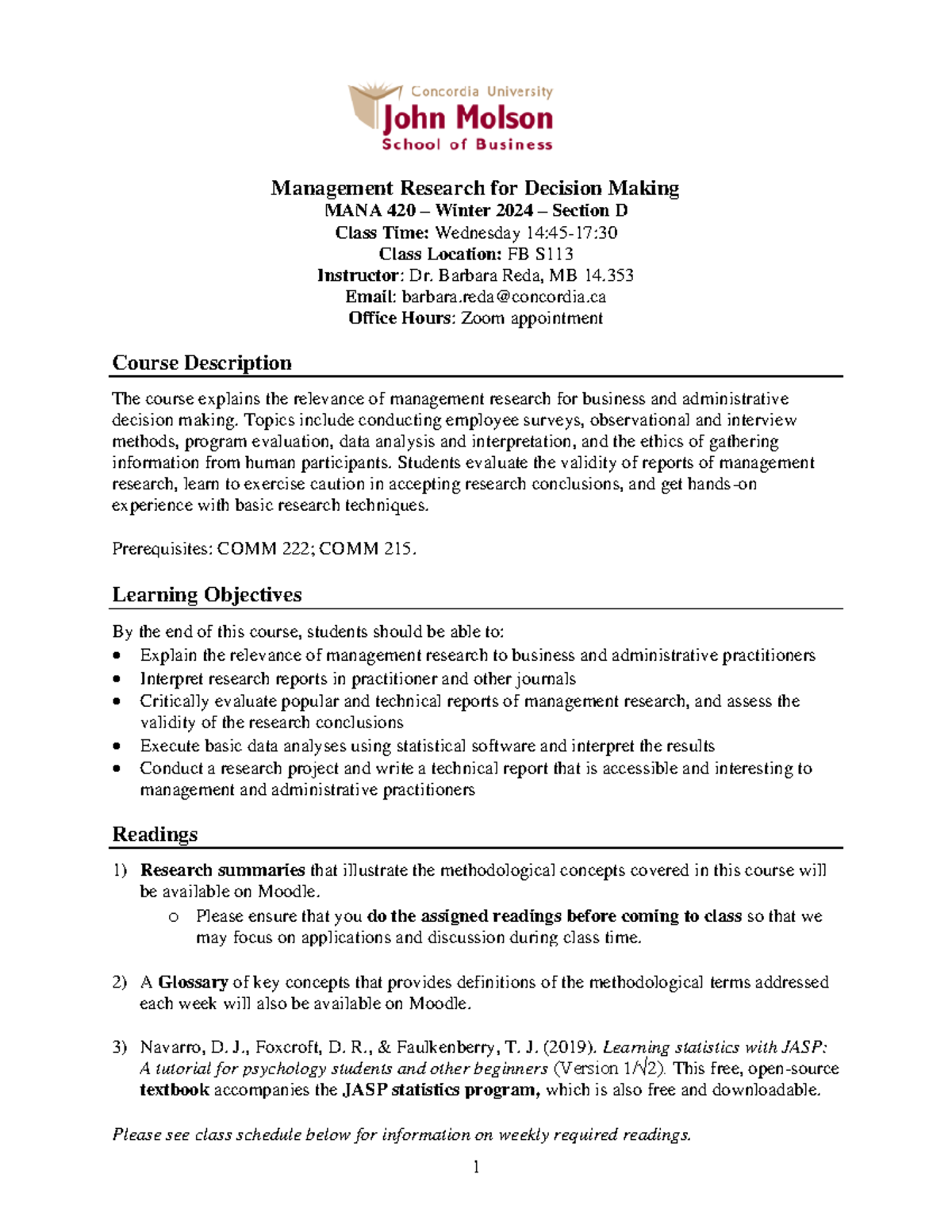 MANA 420: Course Outline & Research Methods for Decision Making - Studocu