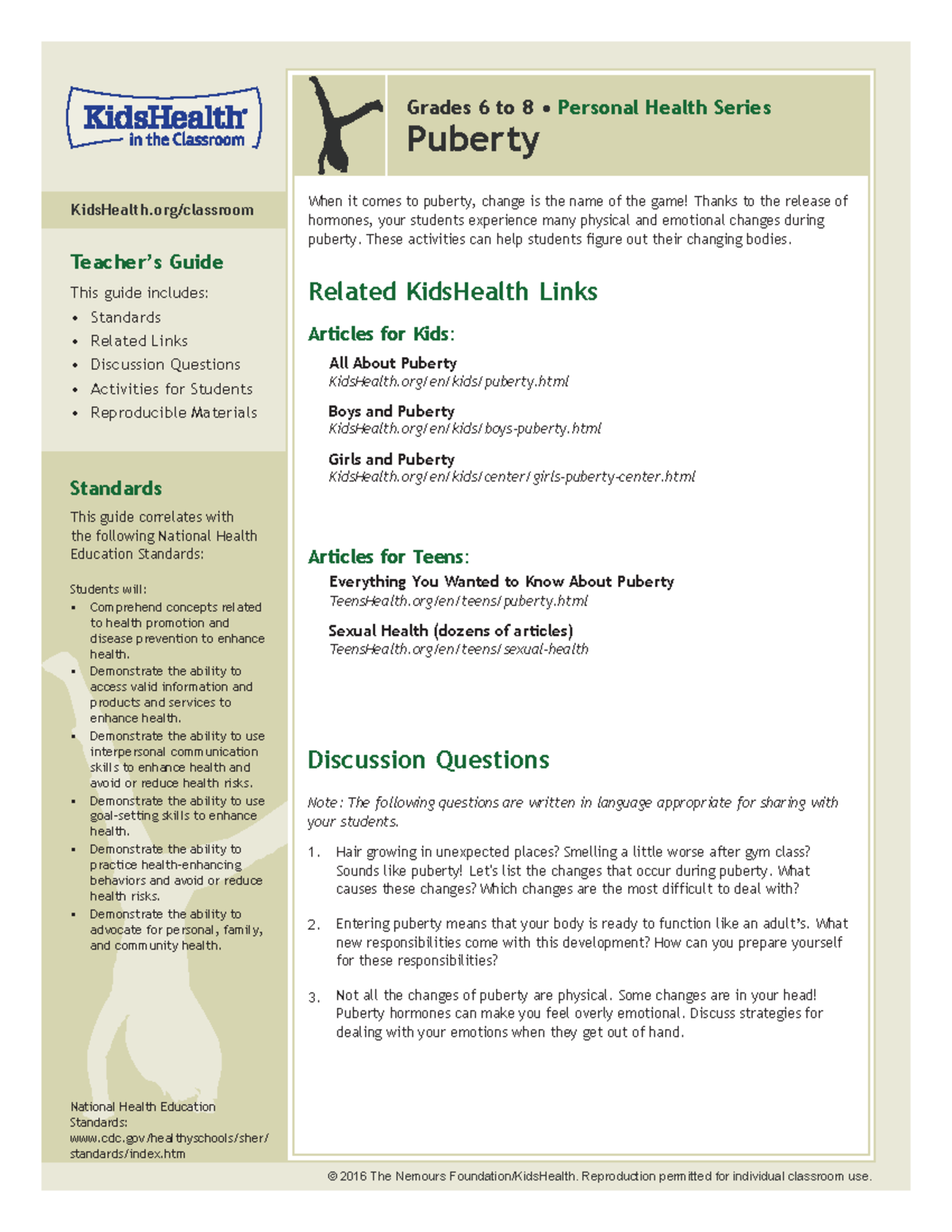 Puberty: Understanding Changes and Growth for Grades 6-8 Students - Studocu