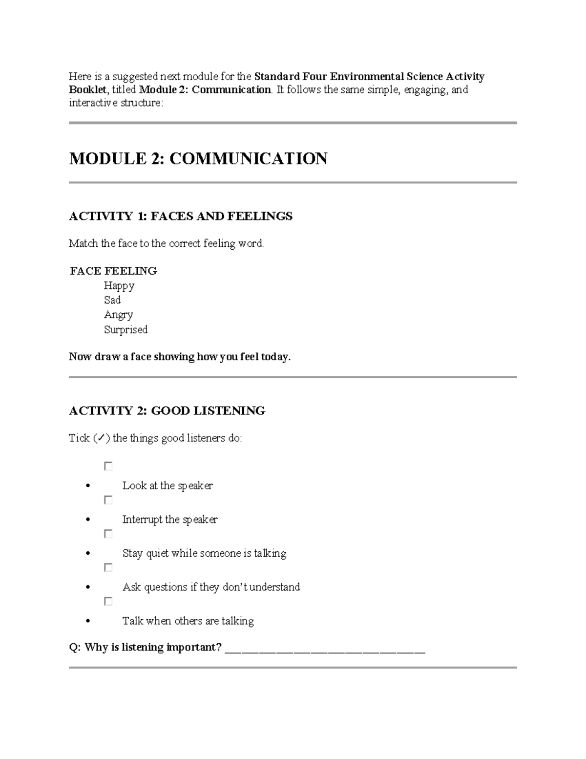 Standard 4 Env. Science Module 2: Communication Activities - Studocu
