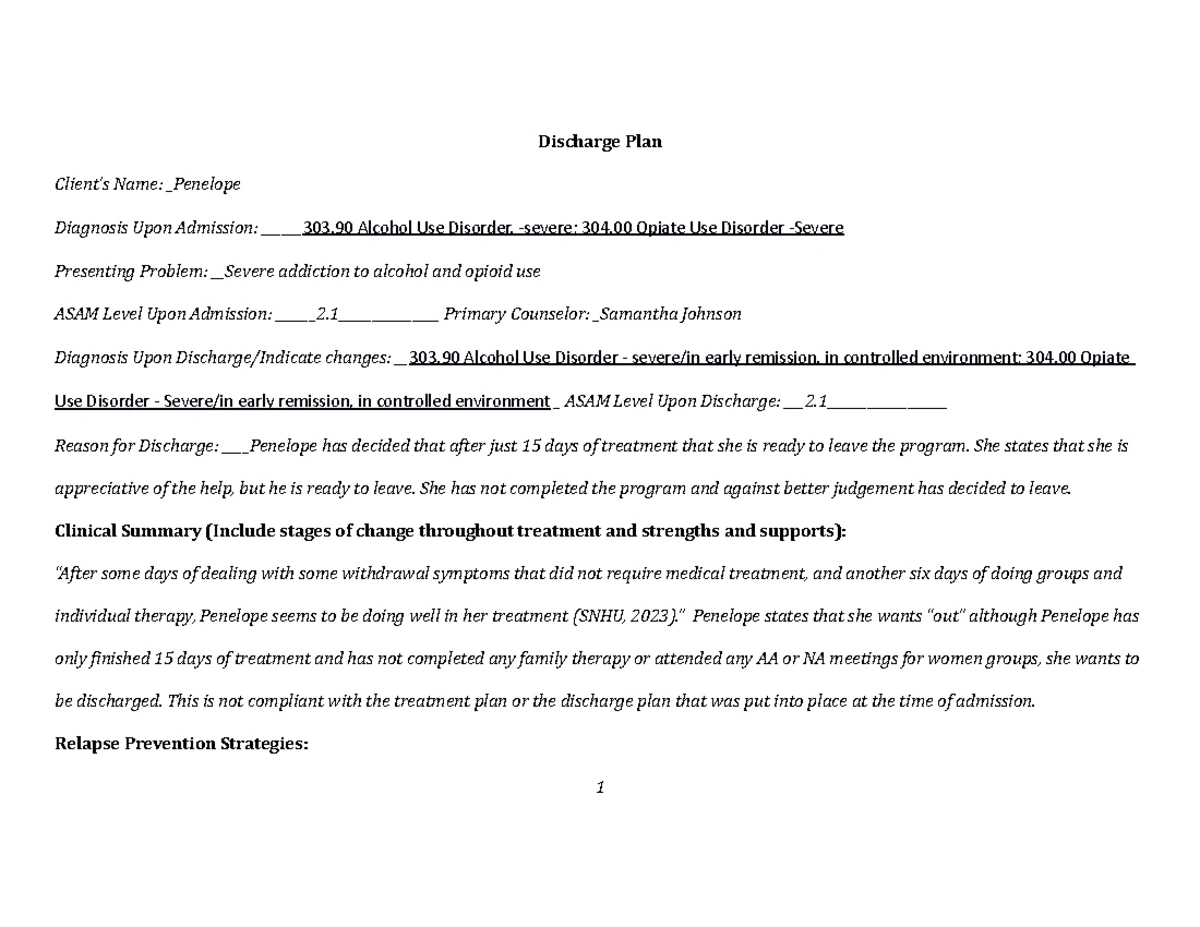 HSE 351 Discharge Plan Template for Client Michael S. - 240414 - Studocu