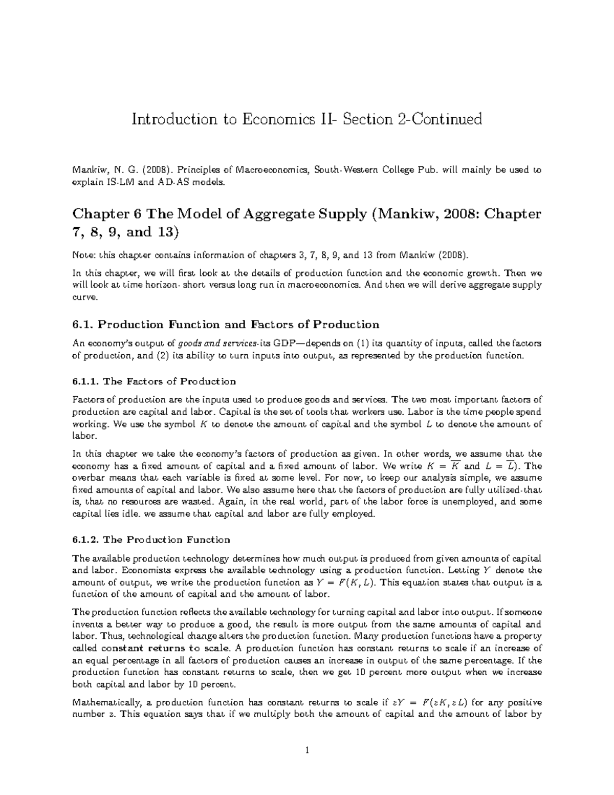 Chapter 6 & 7 Overview: Aggregate Supply Models (ECO 101) - Studocu