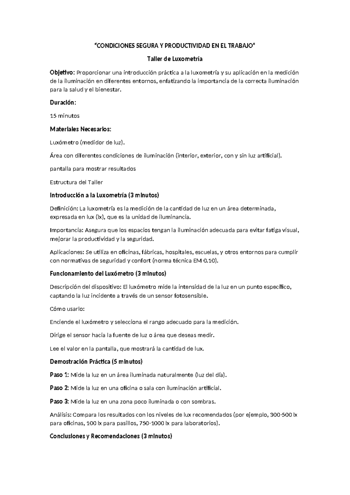 Taller de Luxometría: Condiciones de Iluminación y Productividad - Studocu