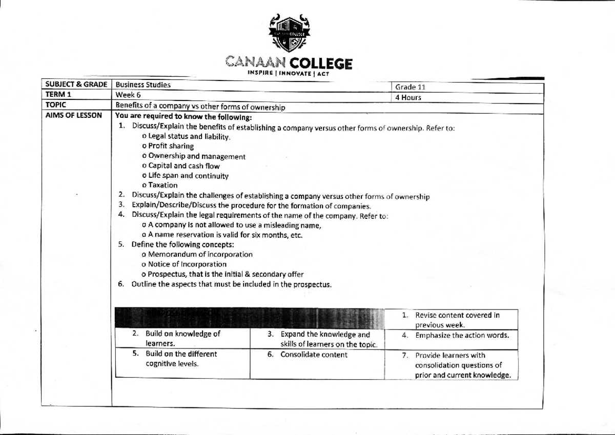 Grade 11 Business Studies Lesson Plan: Company Ownership Benefits - Studocu