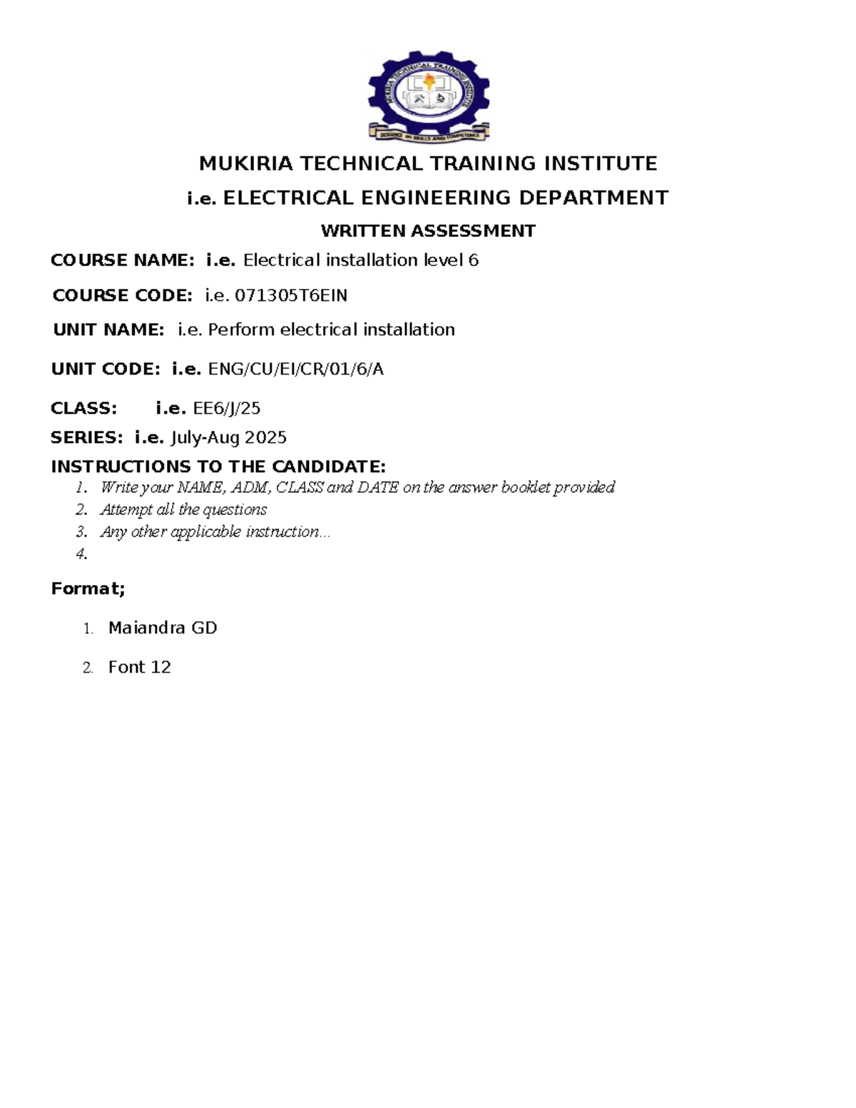 Electrical Installation Level 6 Exam - 071305T6EIN - Studocu