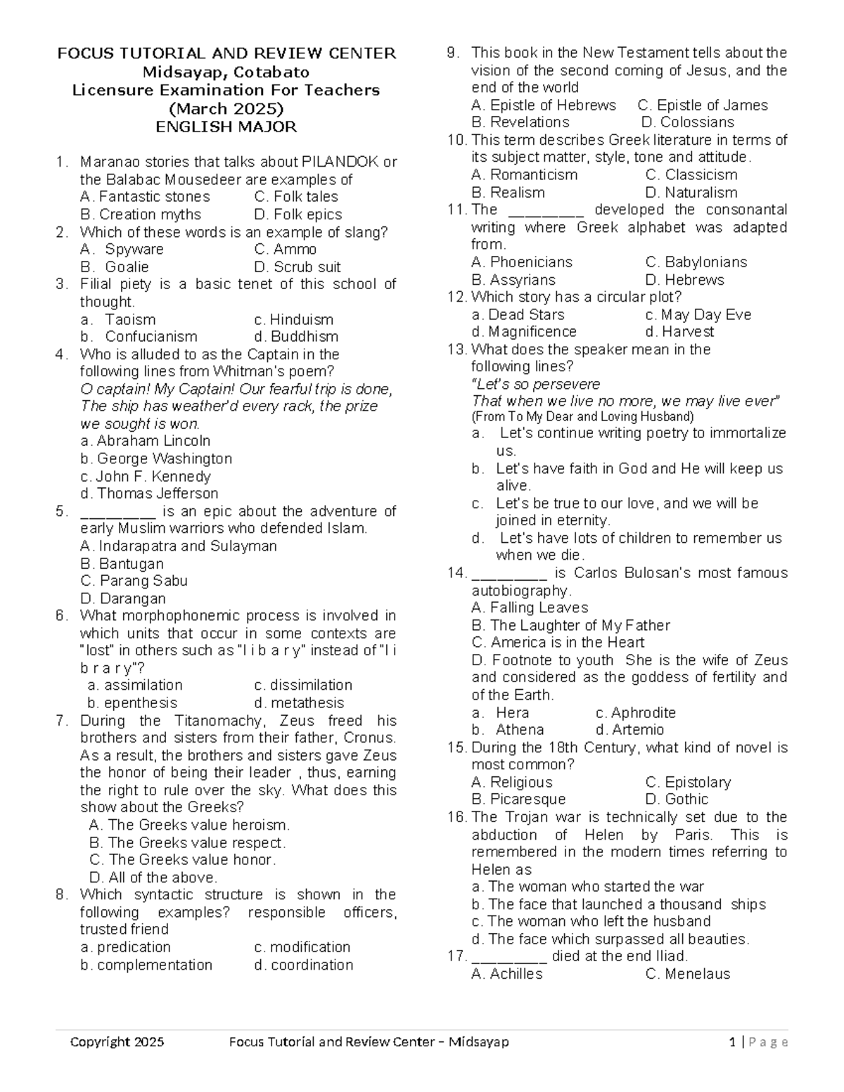 012725 English - folktales Materials - FOCUS TUTORIAL AND REVIEW CENTER ...