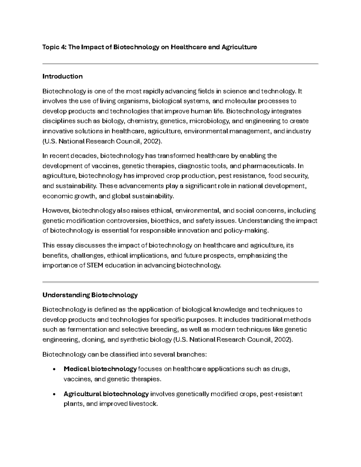 Essay 4: The Role of Biotechnology in Healthcare & Agriculture - Studocu