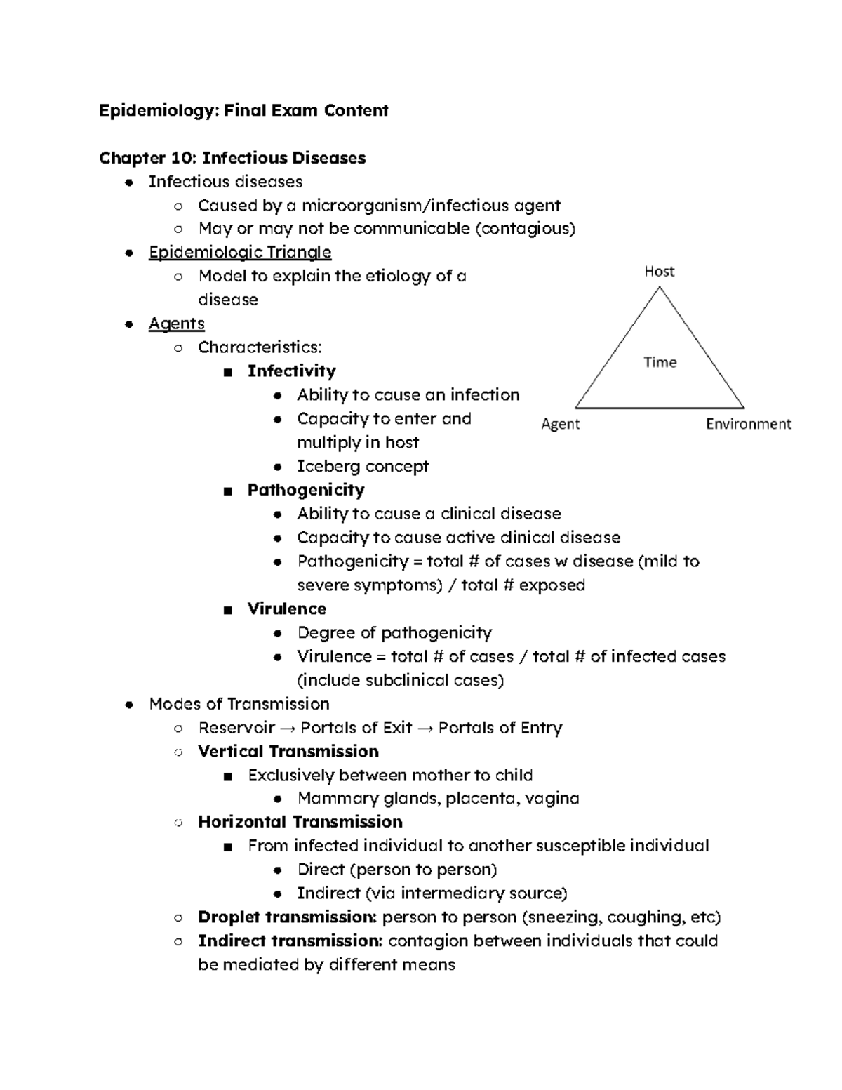 Epidemiology Final Exam Content - Epidemiology: Final Exam Content Chapter 10: Infectious ...