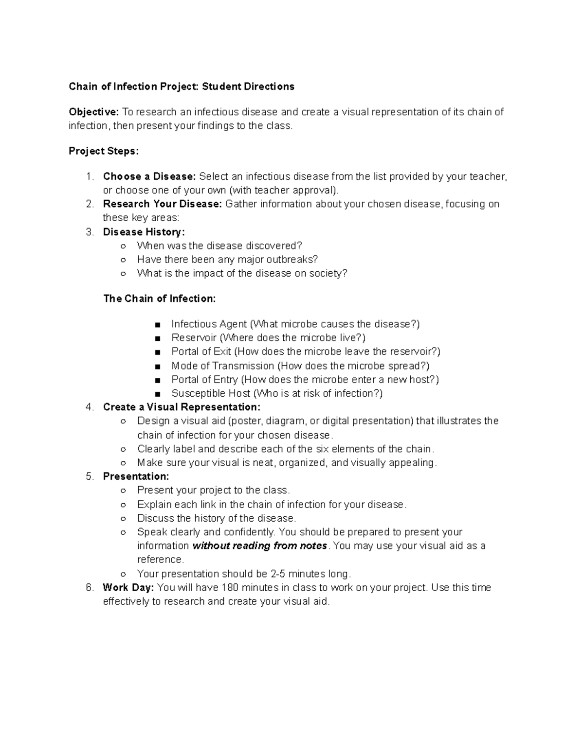 Chain of Infection Project: Student Guidelines for Research ...