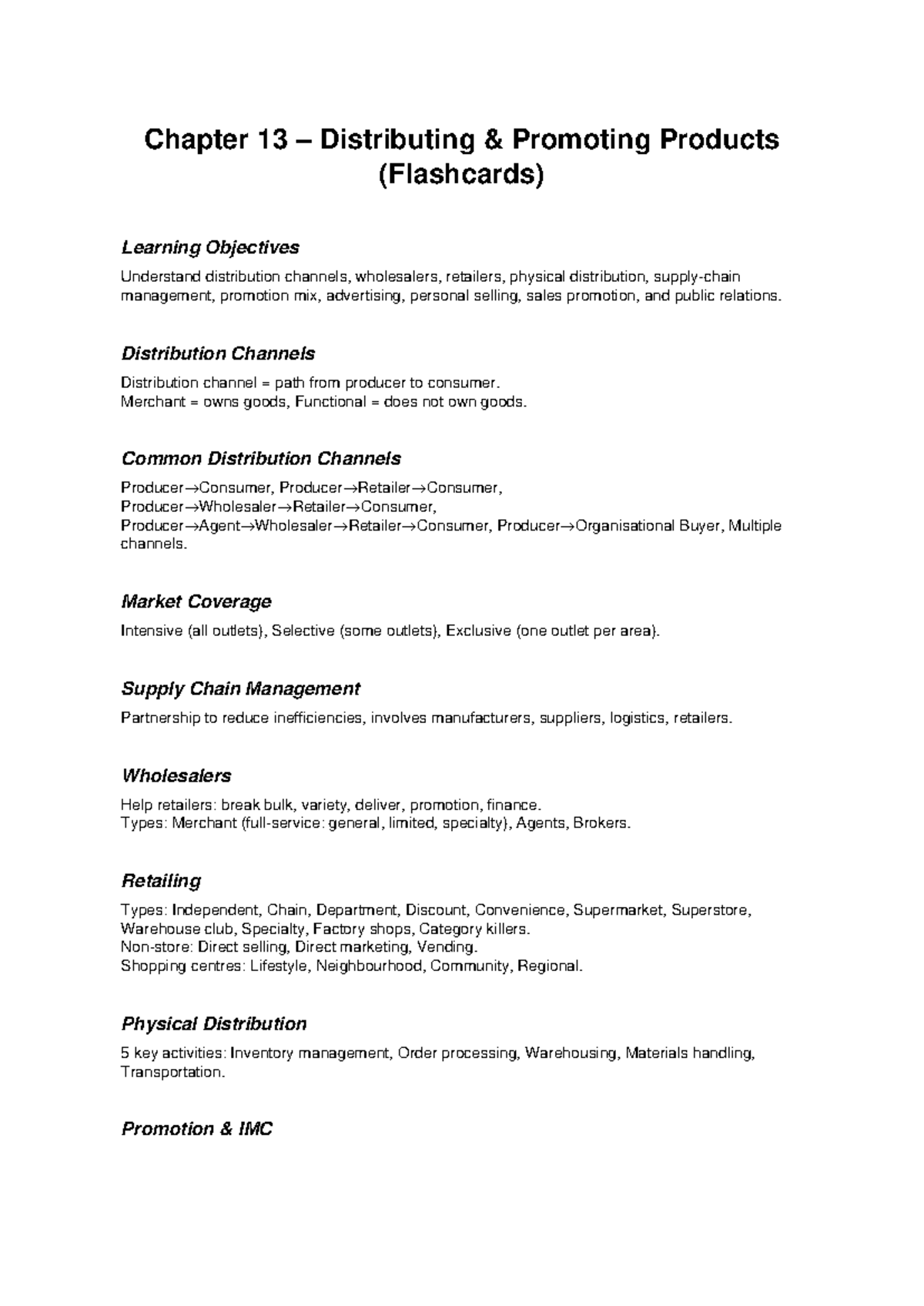 Chapter 13 Flashcards: Distributing & Promoting Products Overview - Studocu