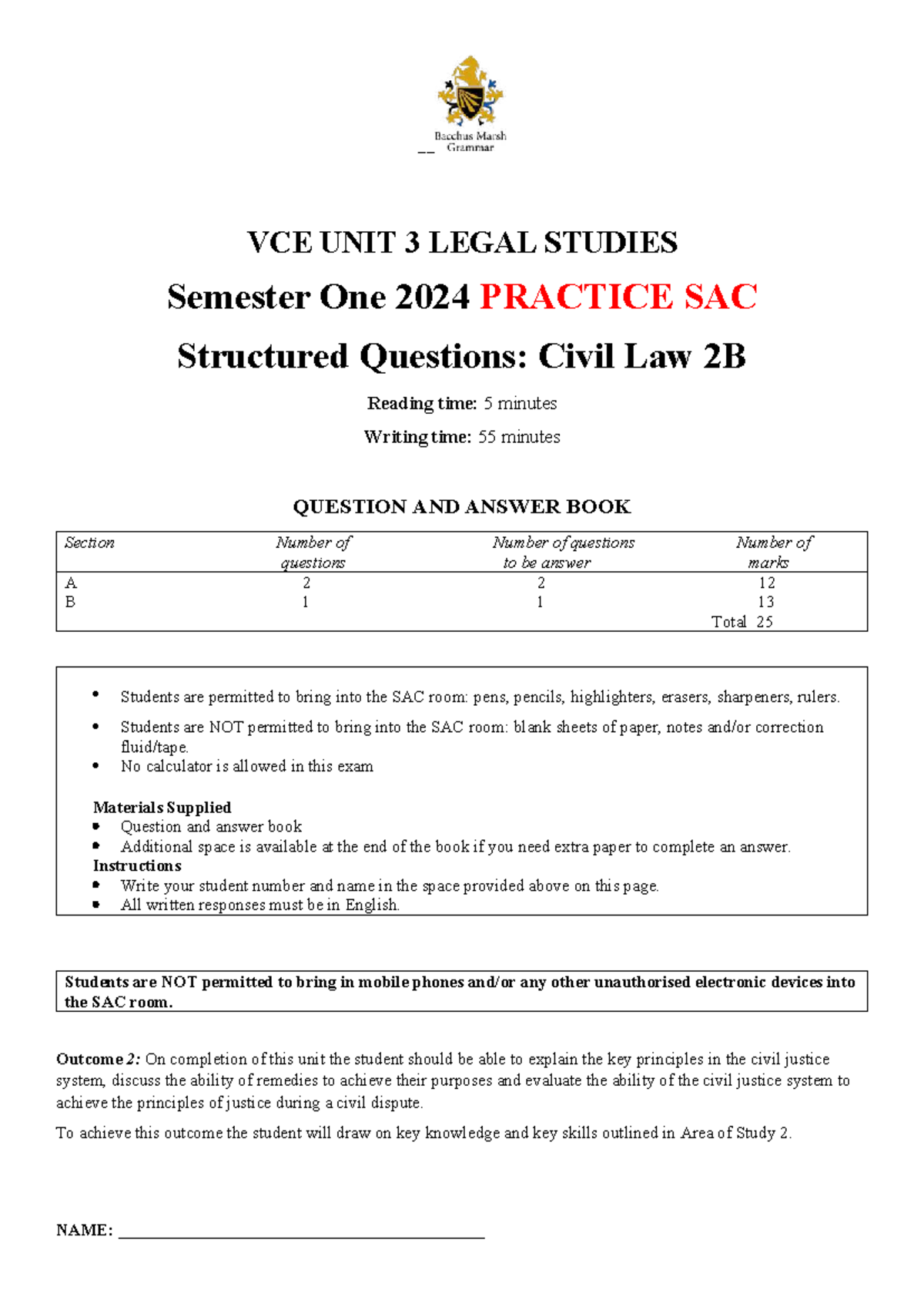 Unit 3 Legal Studies AOS 2B Practice SAC: Civil Law Structured Q&A ...