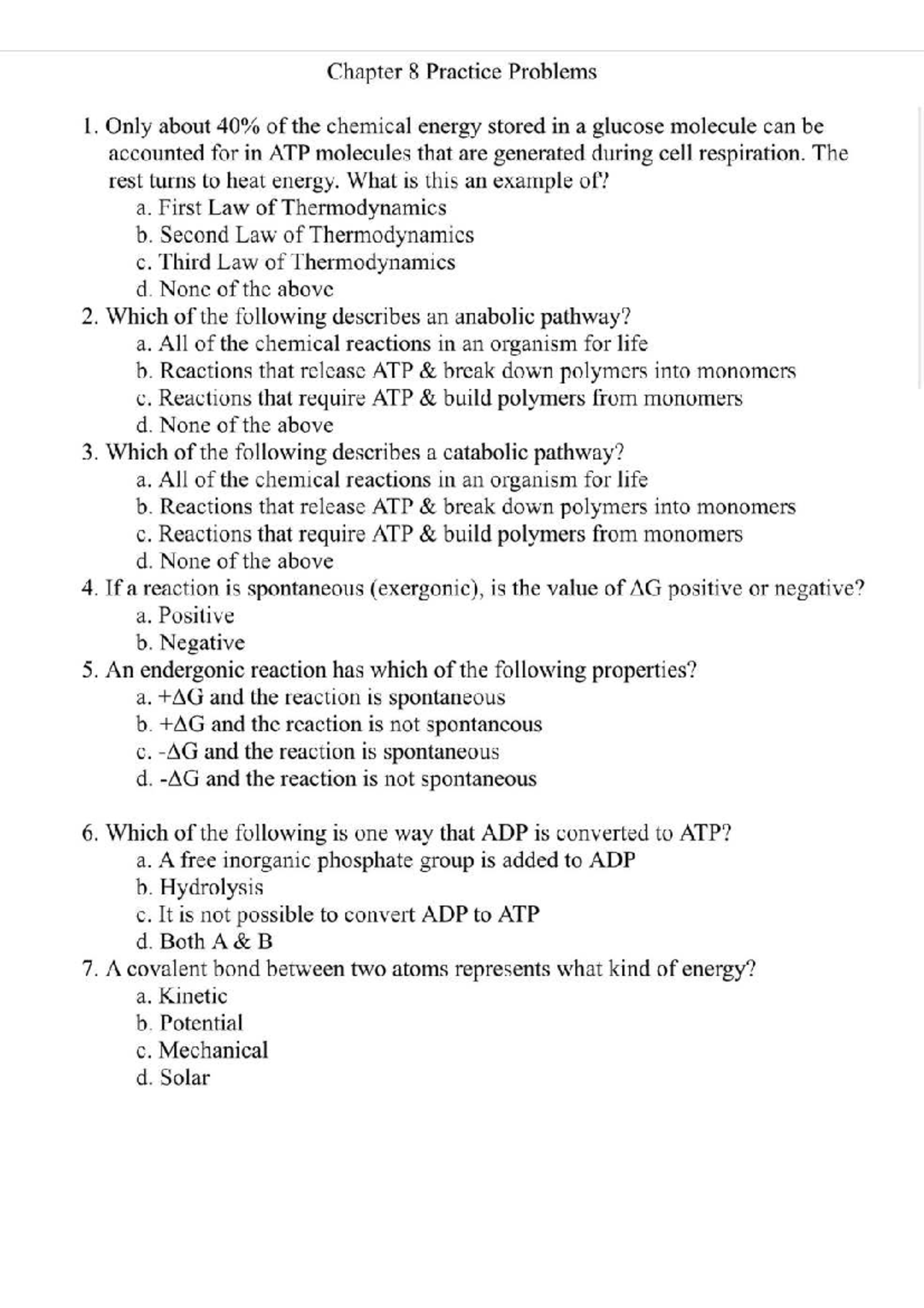 Chapter 8 Practice Problems: Thermodynamics & Enzyme Function - Studocu