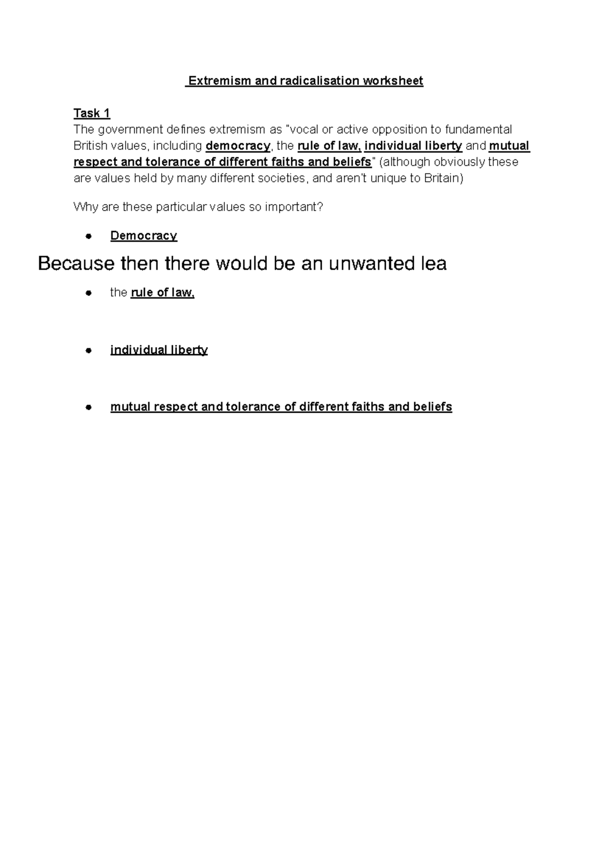 Extremism & Radicalisation: Core Material - Classwork Lesson 2 - Studocu