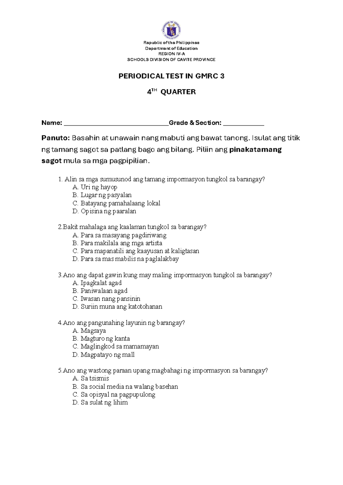 GMRC 3 Periodical Test - 4th Quarter (DFAWFD) - Studocu