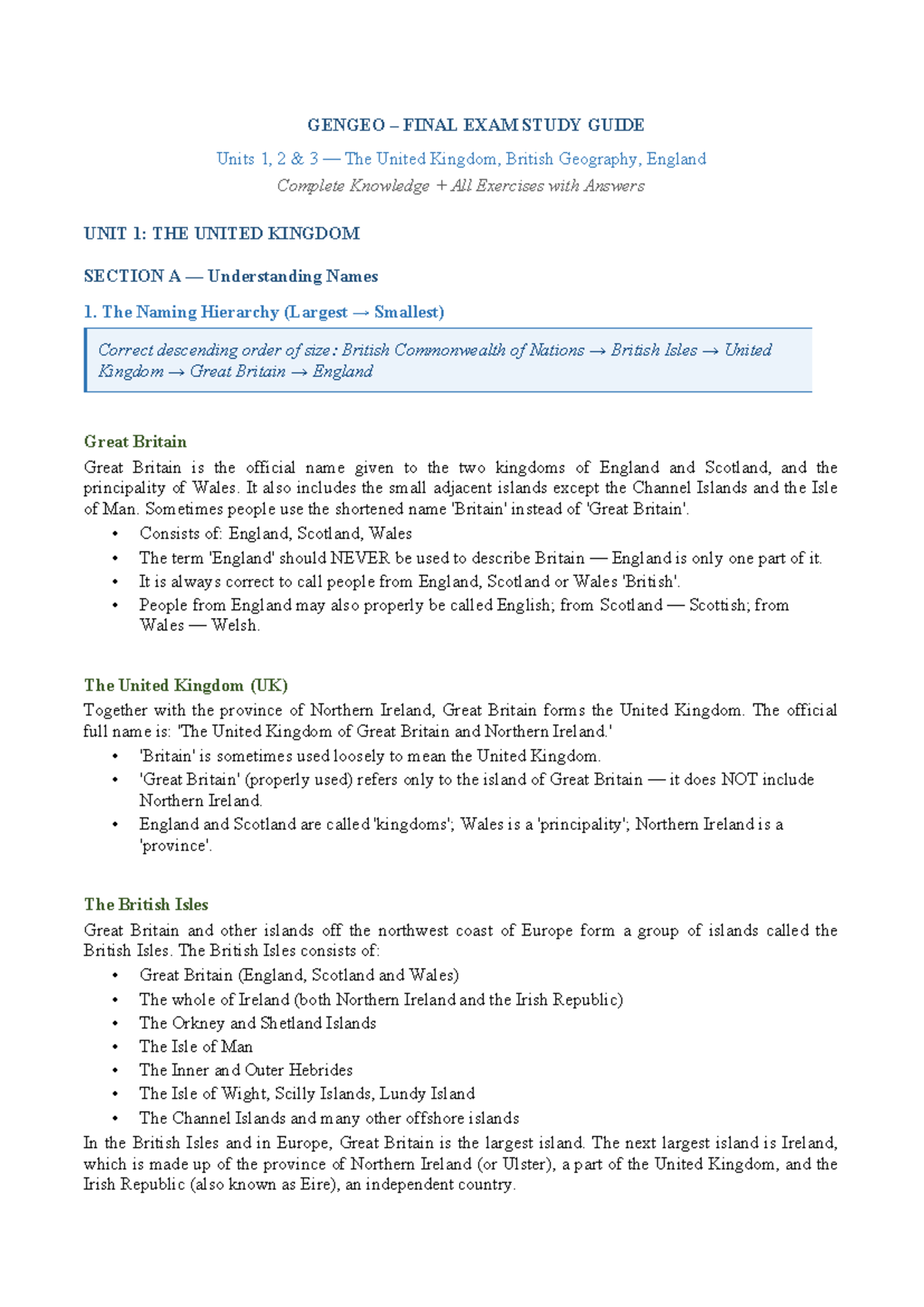 GENGEO FINAL EXAM STUDY GUIDE: Units 1-3 on UK Geography and History ...