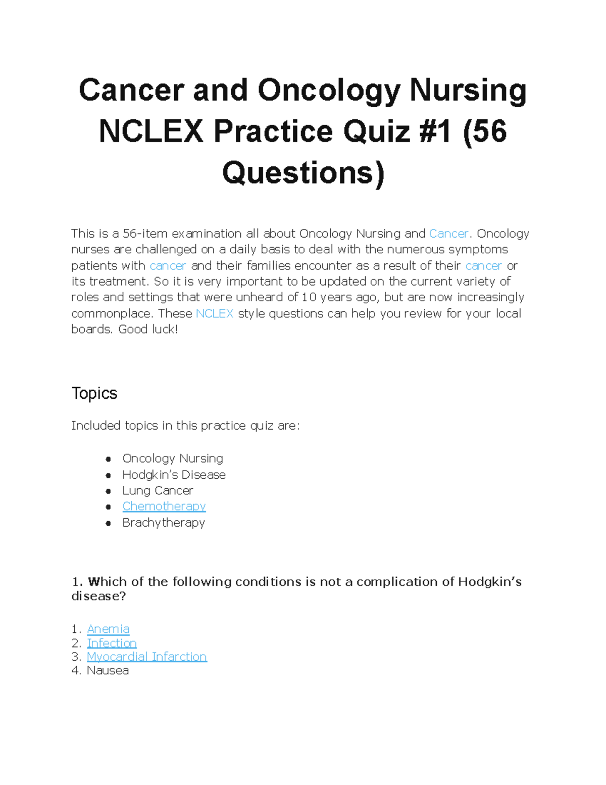 Oncology Nursing NCLEX Practice Quiz #1: 56 Questions on Cancer Care ...