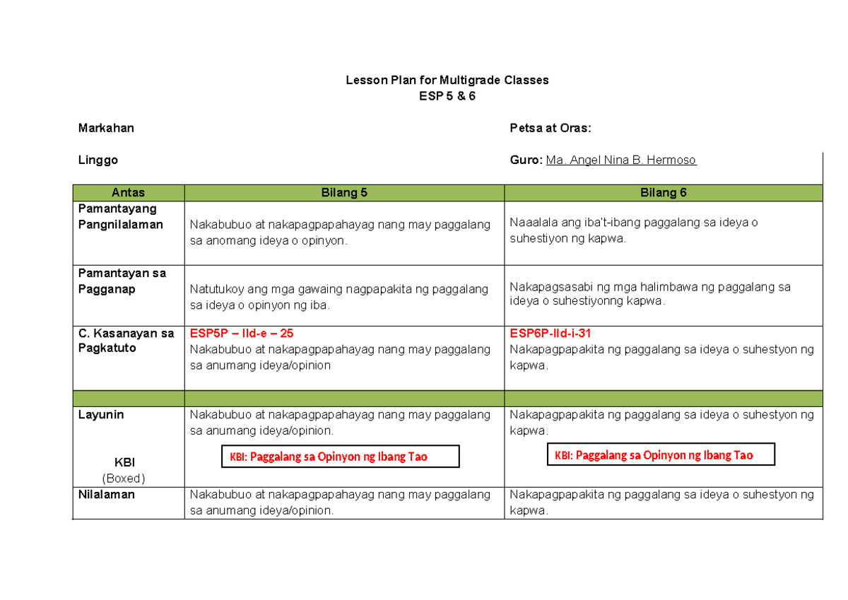 ESP 5 & 6 - Lesson Plan for Multigrade Classes on Respecting Opinions ...