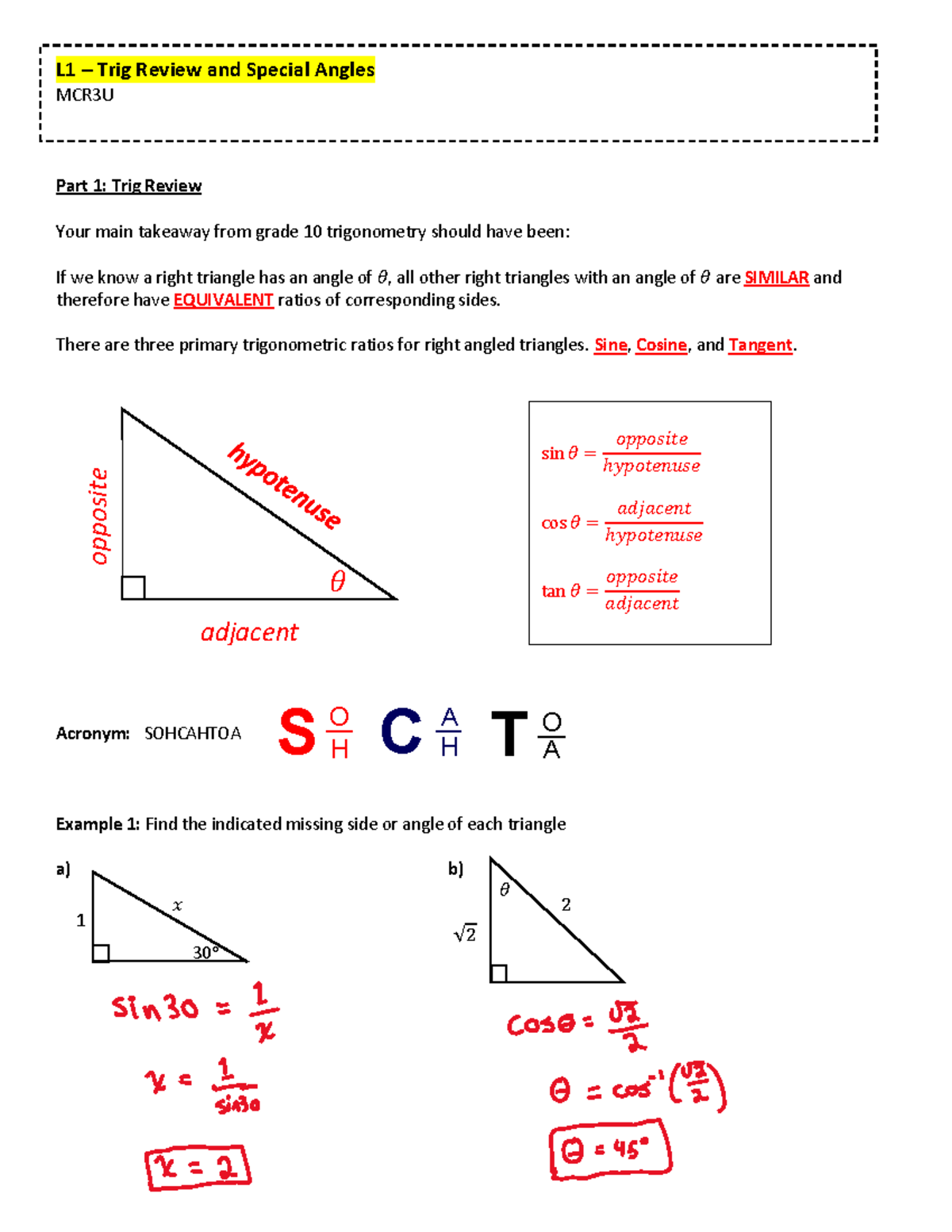 MCR3U Trigonometry: Special Angles & Ratios Explained - Studocu