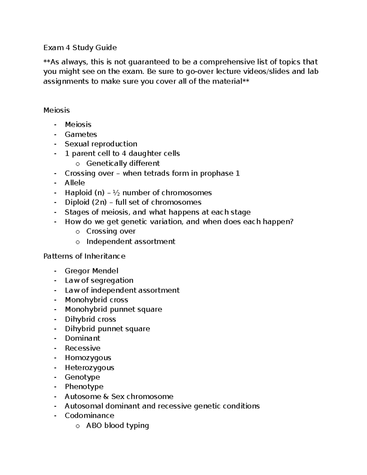 Exam 4 Study Guide: Meiosis, Genetics & Molecular Biology Concepts ...