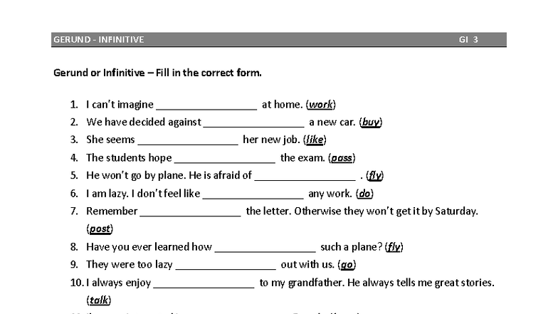 GI 3 - Gerund and Infinitive Practice Exercises - Studocu