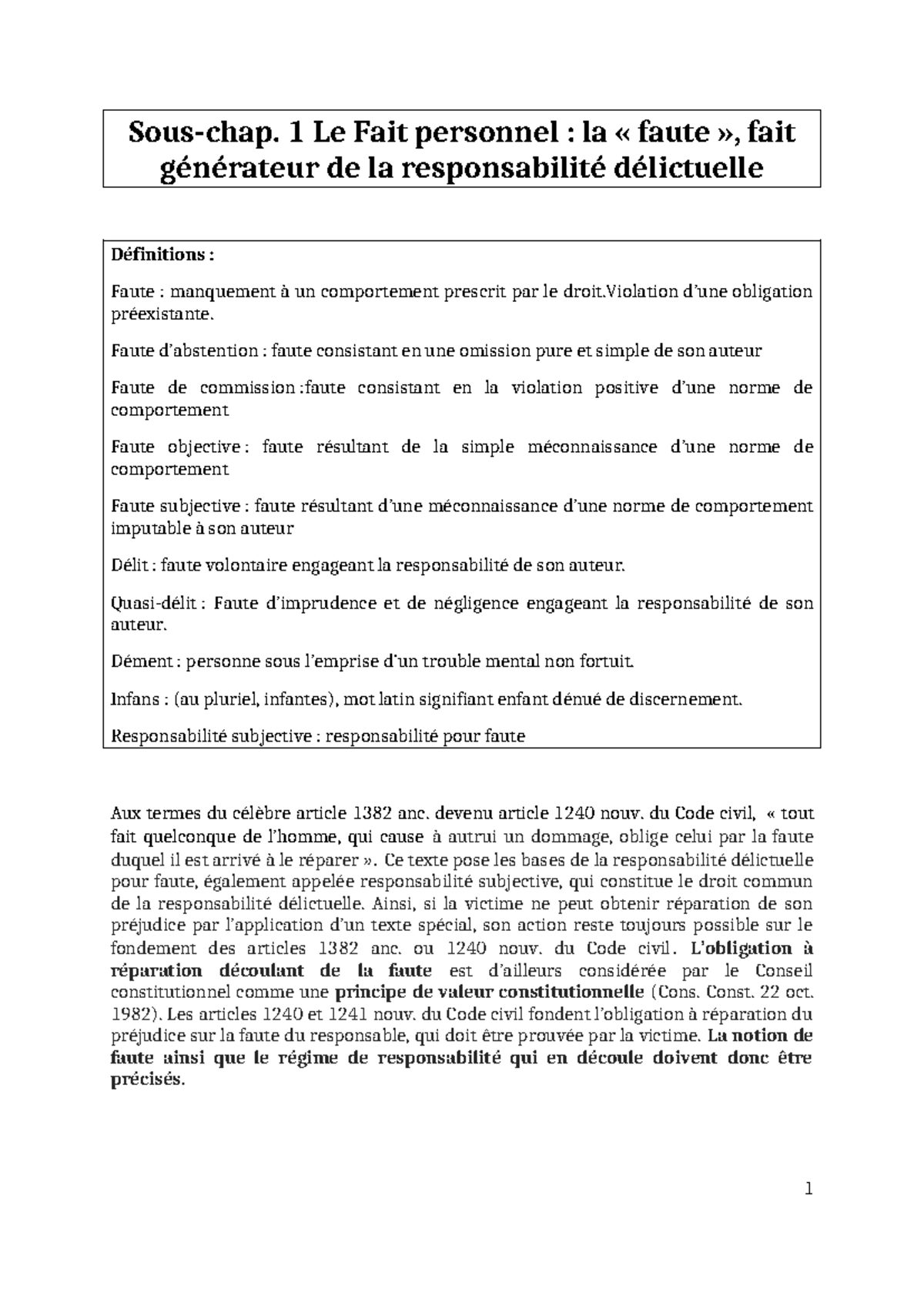 Chapitre 1 : Le Fait Personnel et la Responsabilité pour Faute (Droit ...