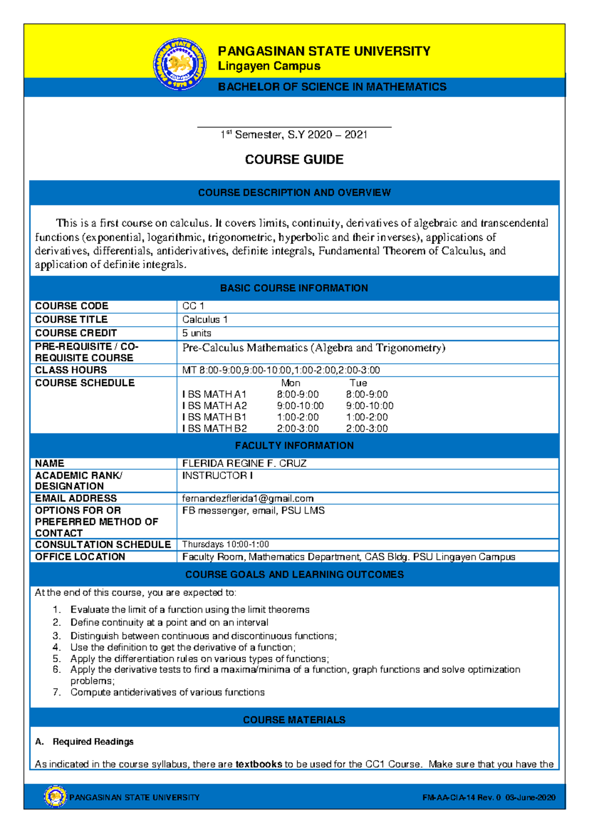 CC1 Calculus 1 Course Description and Overview - Calculus 1 - PangSU ...