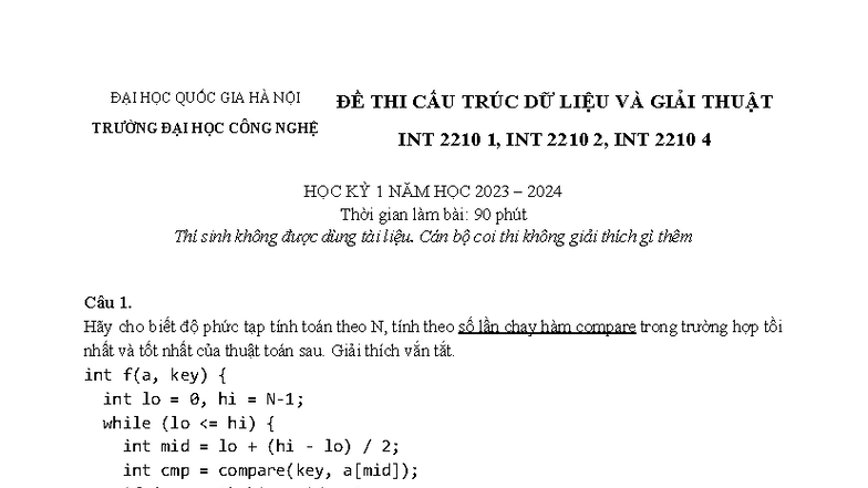 Đề Thi Cấu Trúc Dữ Liệu và Giải Thuật INT 2210 Học Kỳ 1 Năm 2023 - Studocu