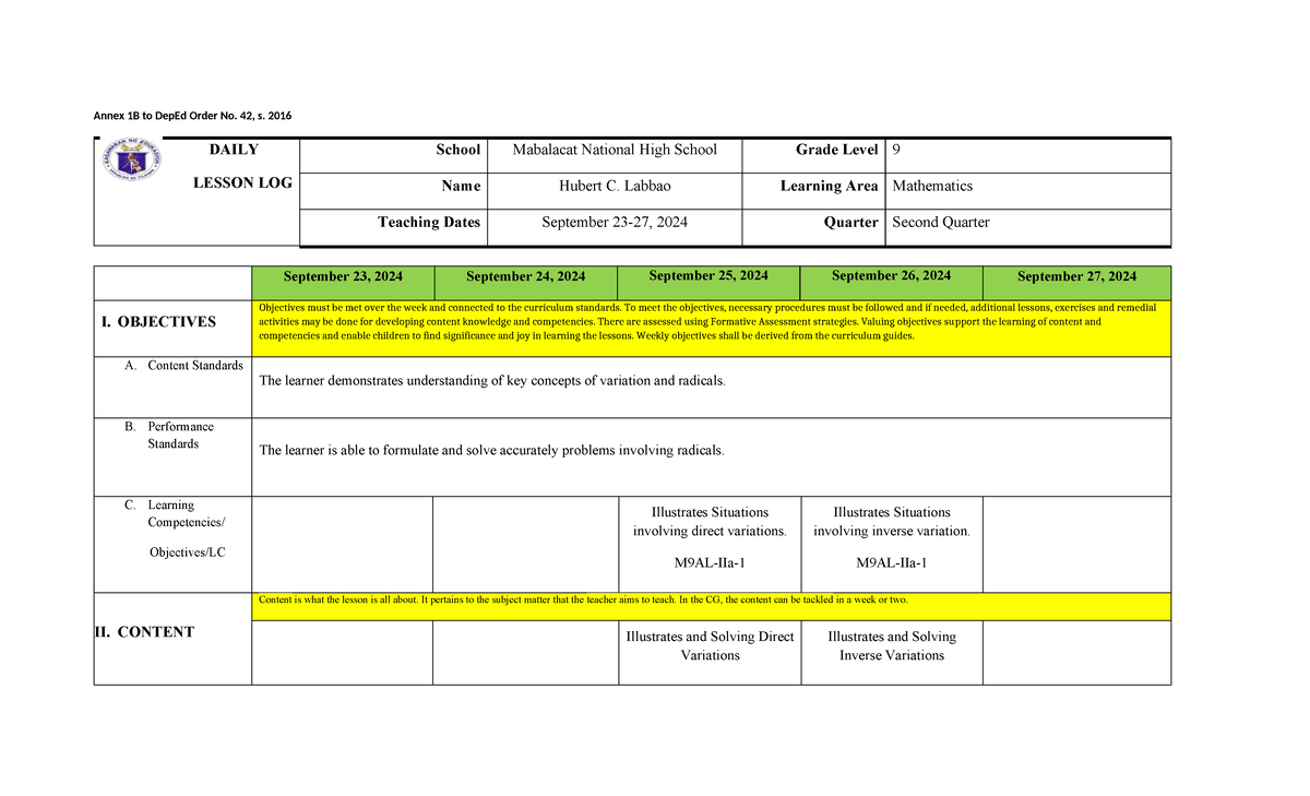 DLL Grade 9 Daily Lesson Log for Mathematics (Sept 23-27, 2024) - Studocu