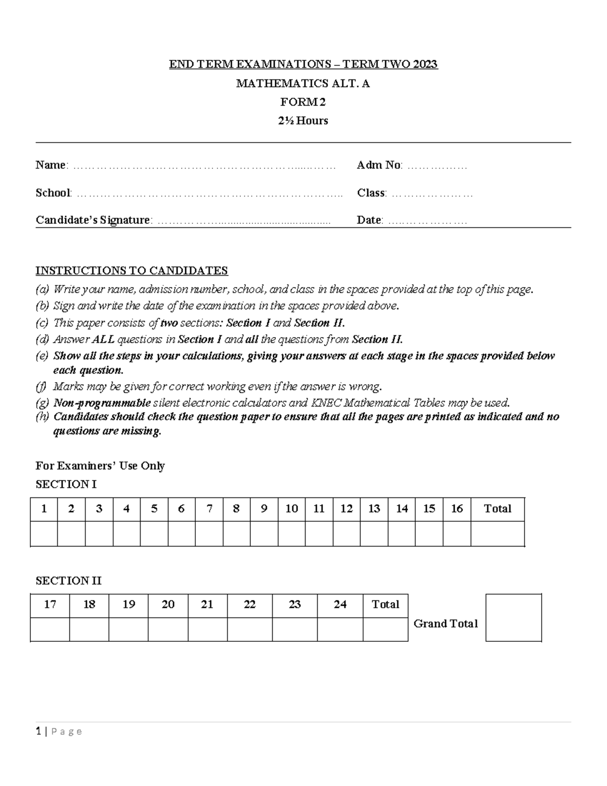 Mathematics F2 End Term Exam Questions - Term Two 2023 - Studocu