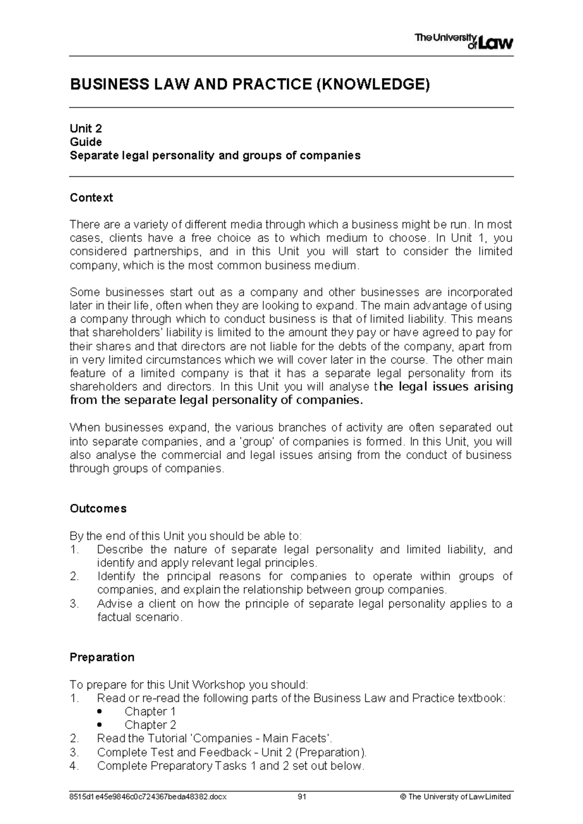 BUSINESS LAW AND PRACTICE (KNOWLEDGE) Unit 2 Guide: Legal Personality ...