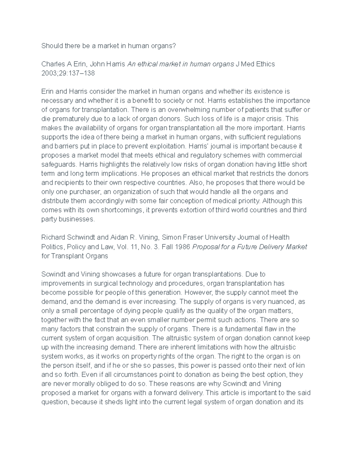 Bioethics Assignment 2: Ethical Perspectives on Organ Markets - Studocu
