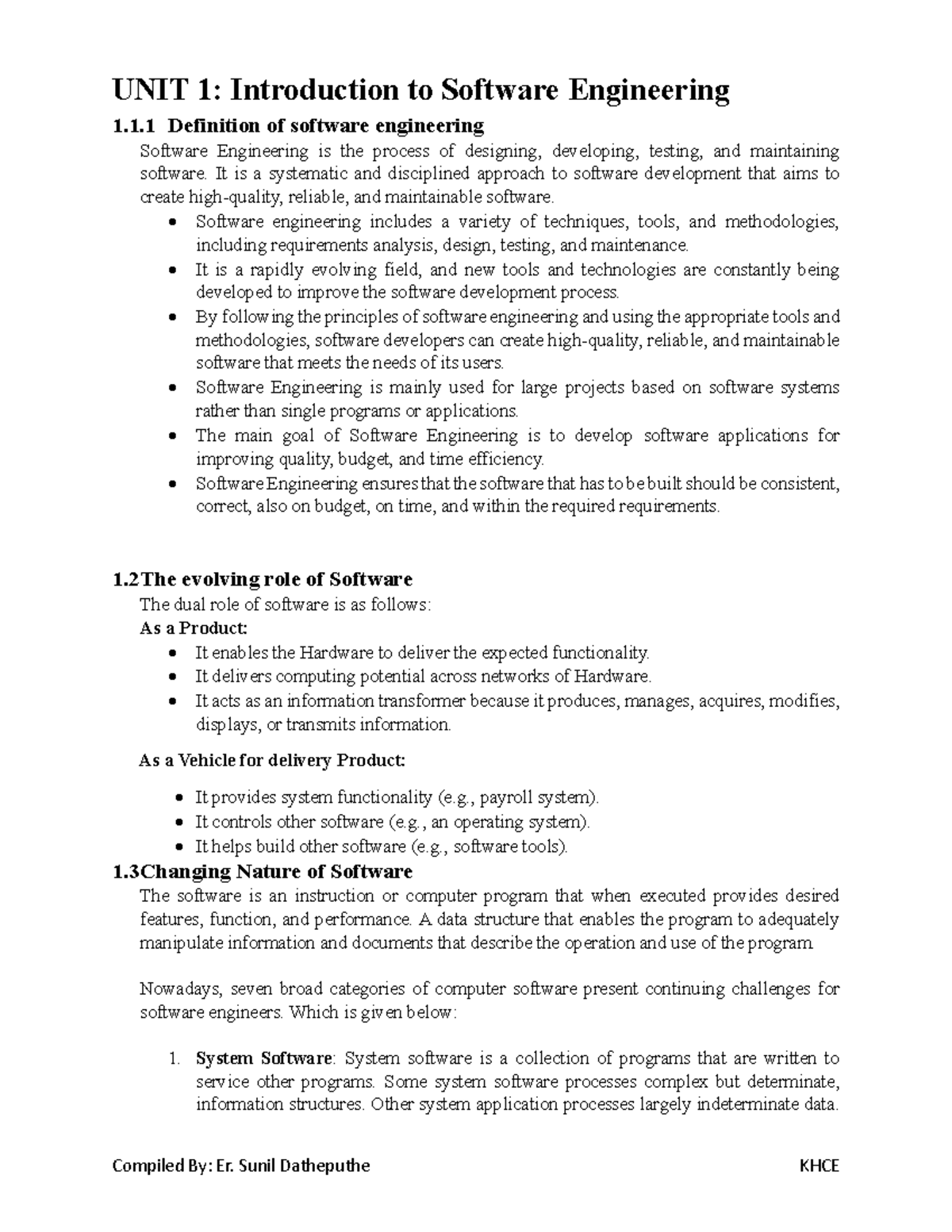 UNIT 1: Intro to Software Engineering - Concepts & Methodologies - Studocu