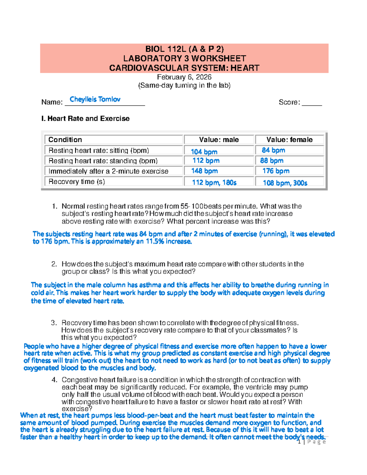 BIOL 112L (A P 2) Lab 3 Worksheet: Cardiovascular System Analysis - Studocu