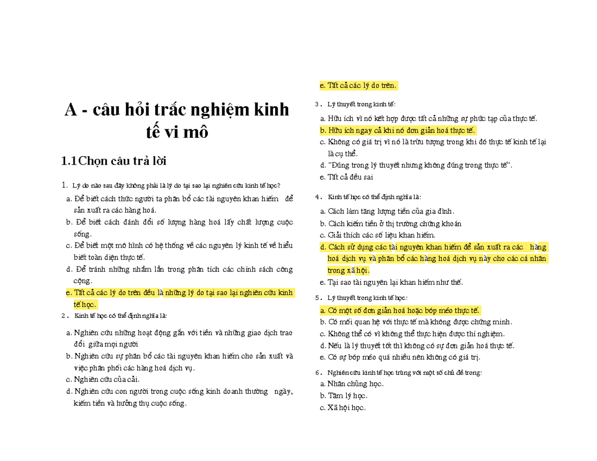 KTVM - KTVM - A - c©u hái tr¾c nghiÖm kinh t ế vi mô 1. Chän c©u tr¶ lêi ####### 1. Lý do nμo ...