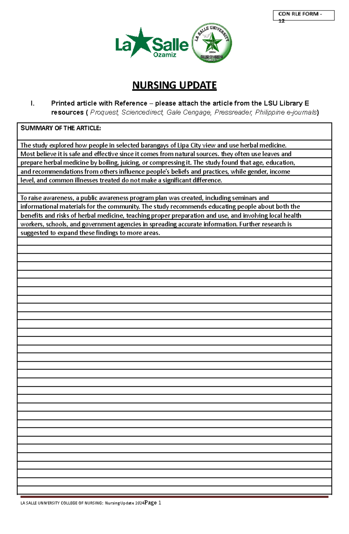 12 Nursing Update 2024 NL - NURSING UPDATE I. Printed article with ...