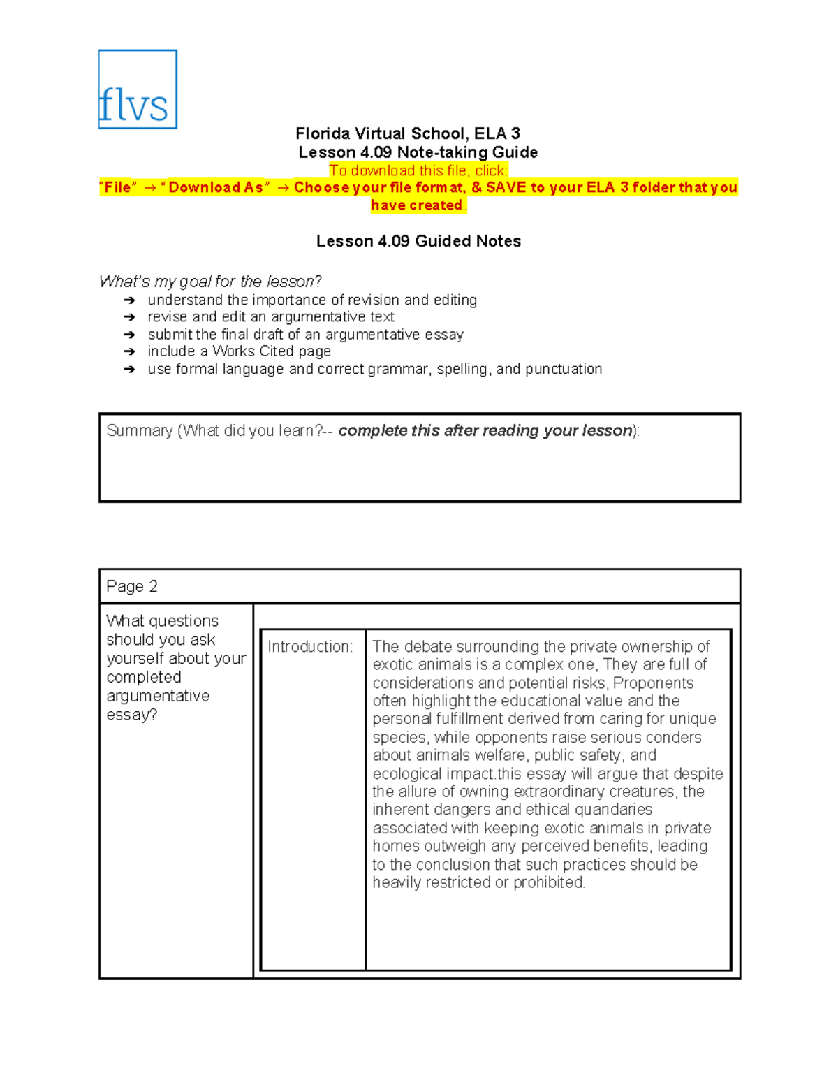 Florida Virtual School, ELA 3 Lesson 4.09 Notetaking Guide - Studocu