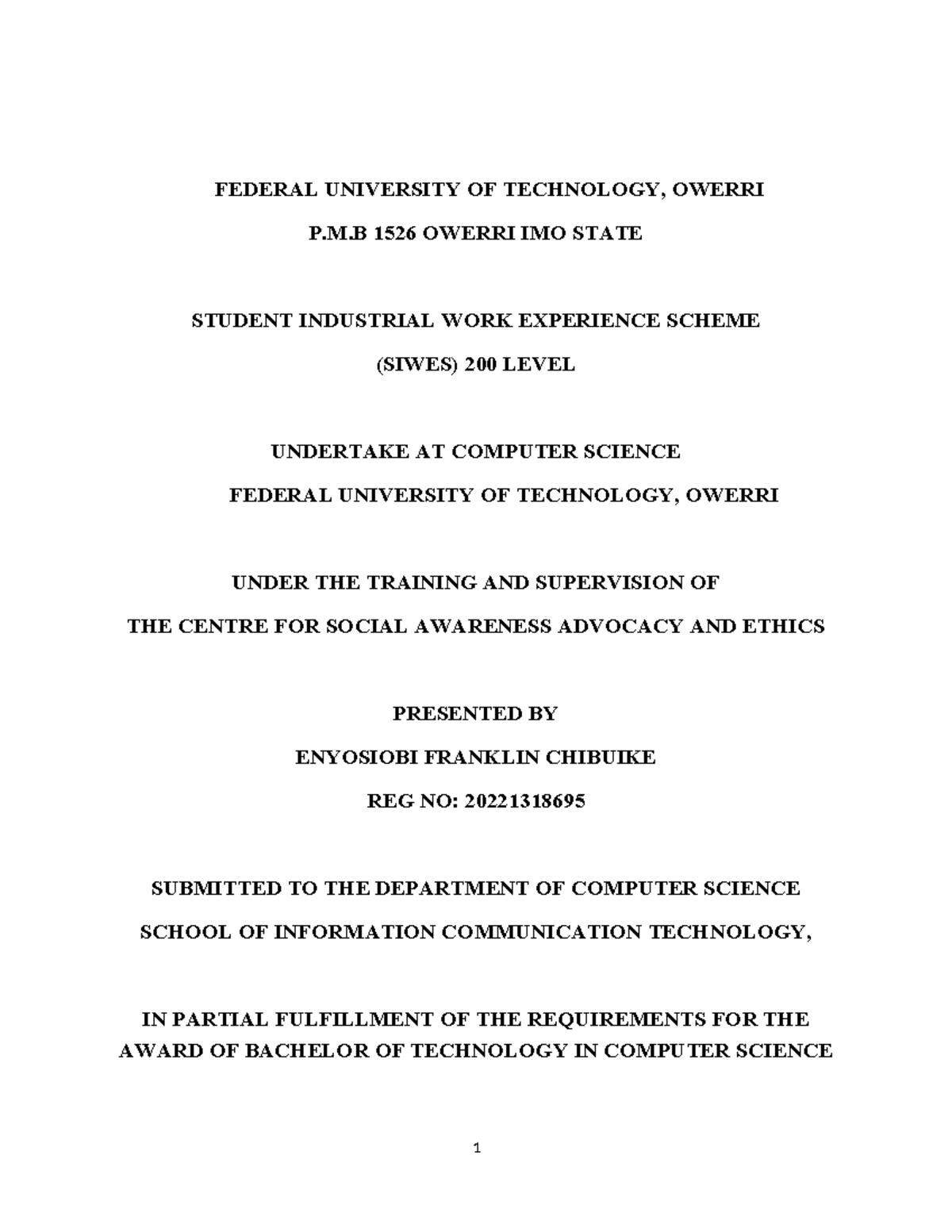 SIWES Report: 200 Level Computer Science Internship at FUTO - Studocu