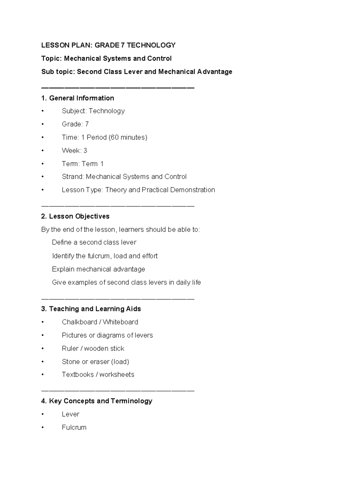 GRADE 7 TECHNOLOGY LESSON PLAN: Second Class Levers & MA - Studocu