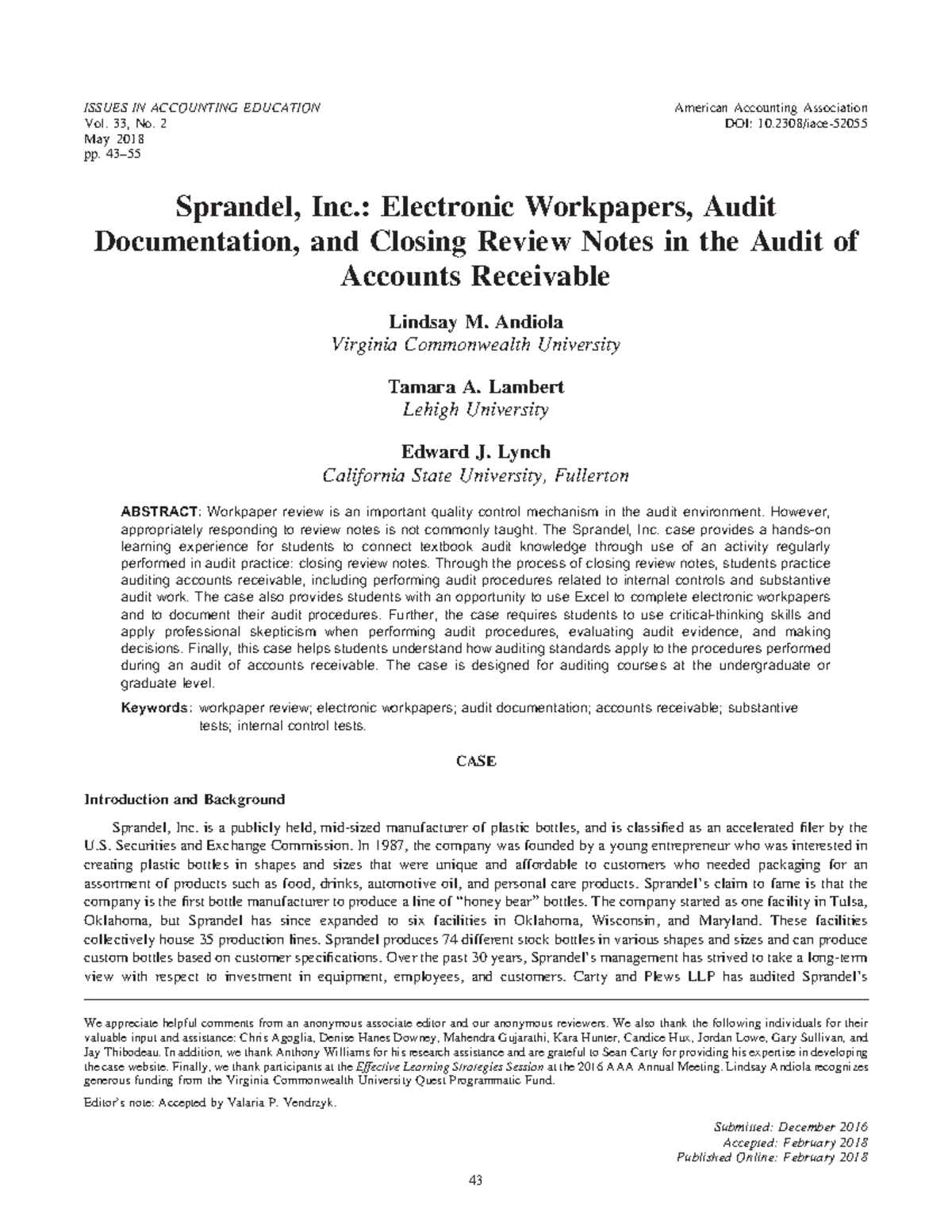 Sprandel, Inc. Case Study: Audit Documentation & Workpaper Review (ACC ...