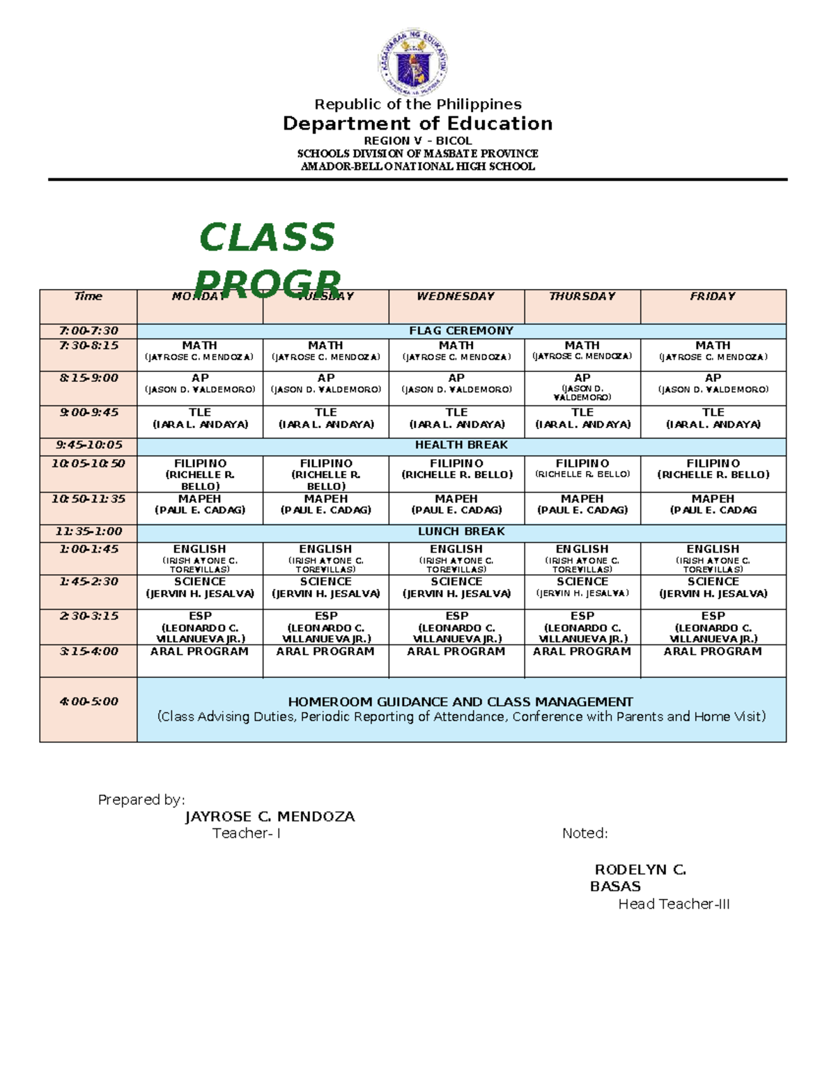 Teachers Program 2025-2026: Class Schedule & Management - Studocu