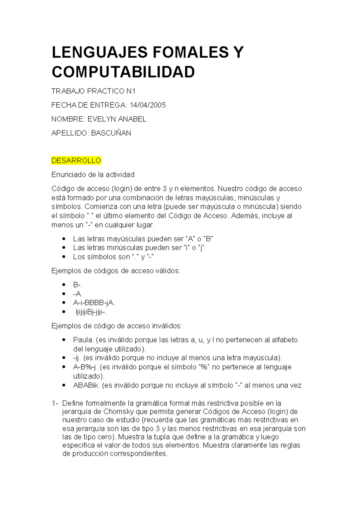 Trabajo Práctico 1: Lenguajes Formales y Computabilidad - Evelyn - Studocu