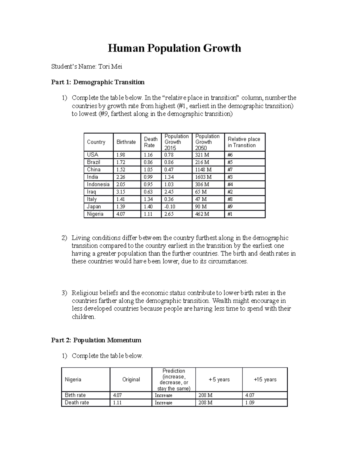 Human Population Growth Lab Assignment - Human Population Growth ...