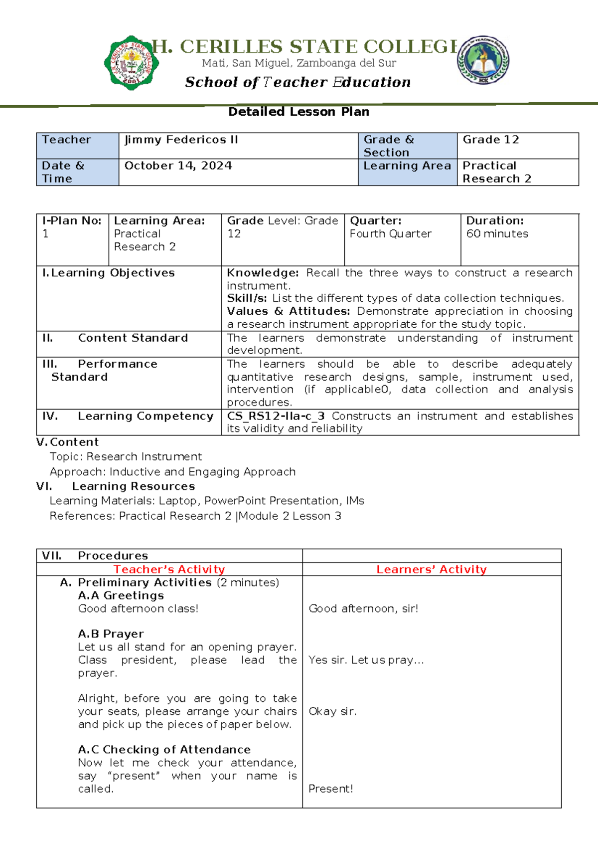 Teaching 1 Federicos Detailed Lesson Plan (PR 2) - J. CERILLES STATE ...