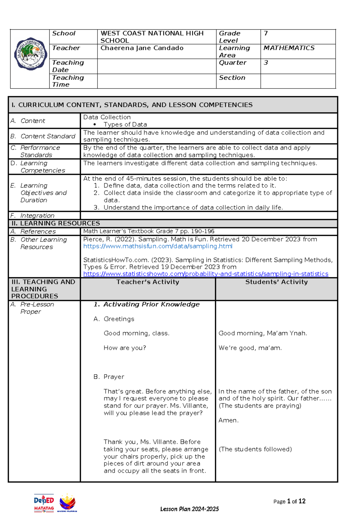 Q3-GRADE 7-Mathematics Lesson Plan on Data Collection Techniques - Studocu