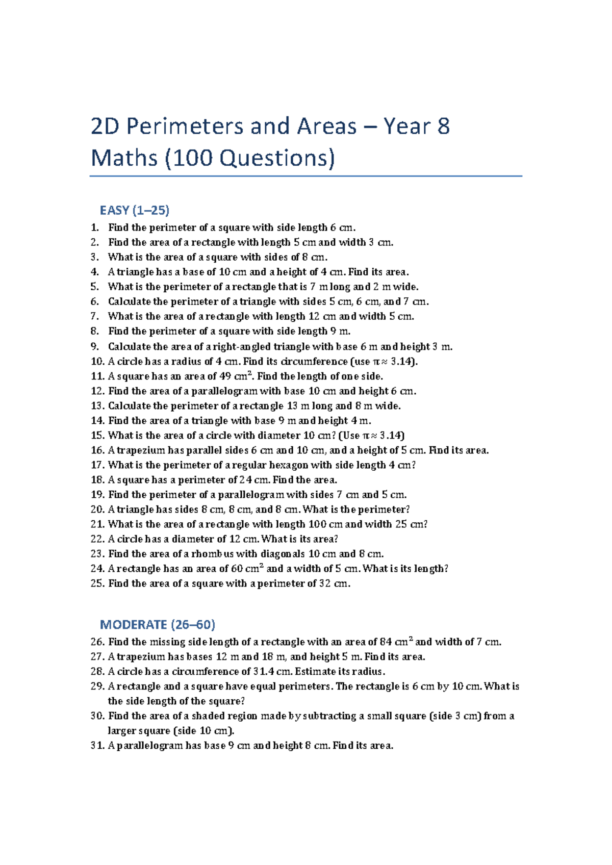 2D Perimeters and Areas Year 8 Maths (100 Questions) - Practice Set ...