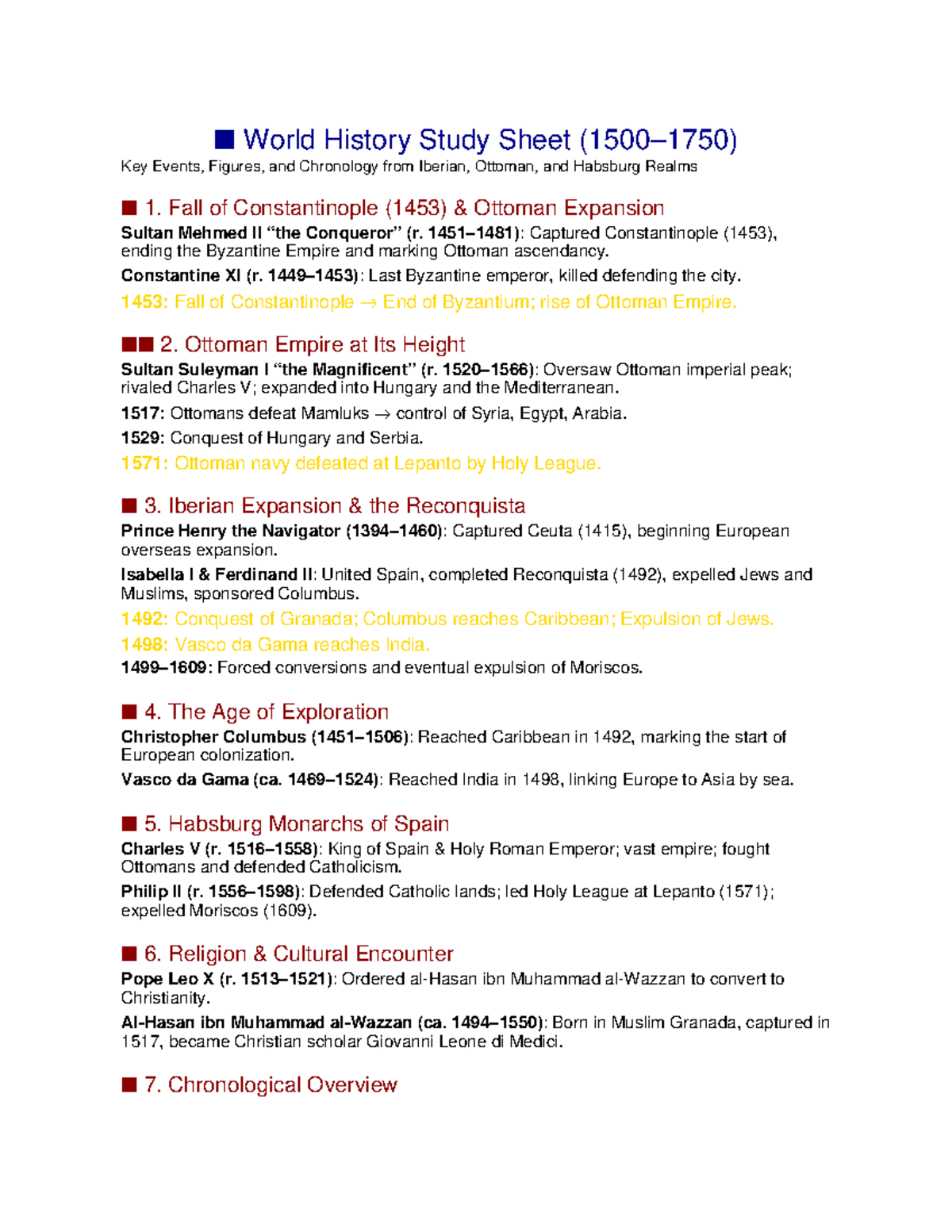 World History Study Sheet: Key Events 1500-1750 - Studocu