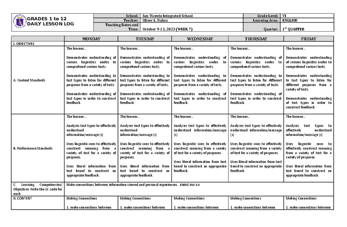DLL English 6 Q1 W7 - GRADES 1 to 12 DAILY LESSON LOG School: San Vicente Integrated School ...