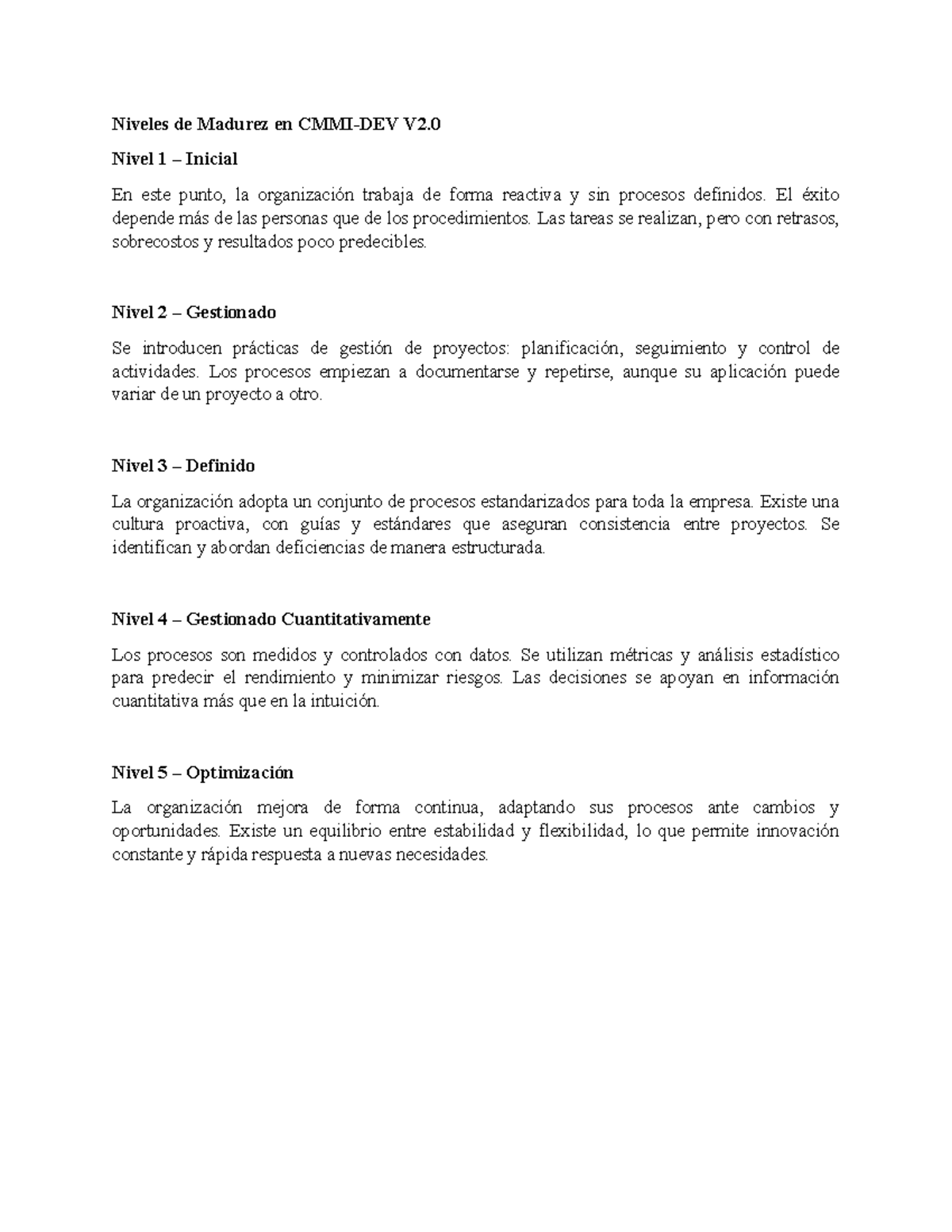 CMMI-DEV V2.0: Niveles de Madurez y Mejora Continua - Studocu