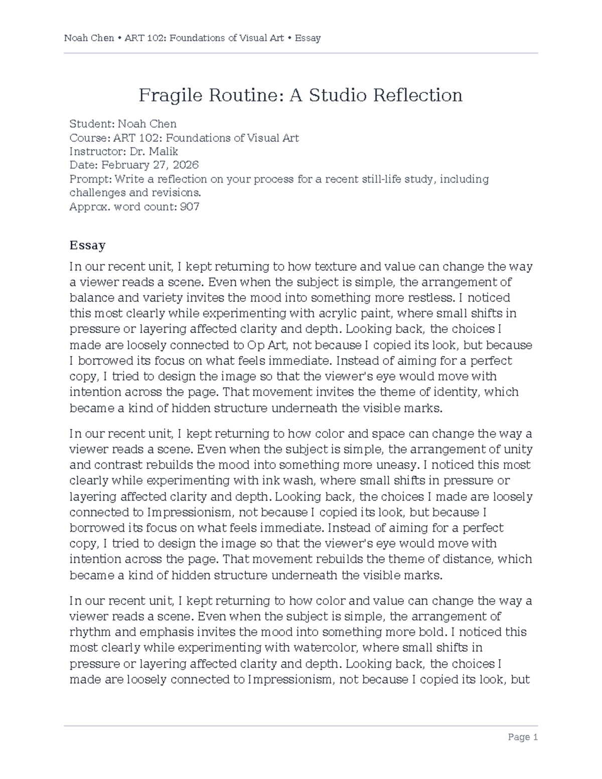 ART 102: Foundations of Visual Art Essay - Reflection on Studio Process ...